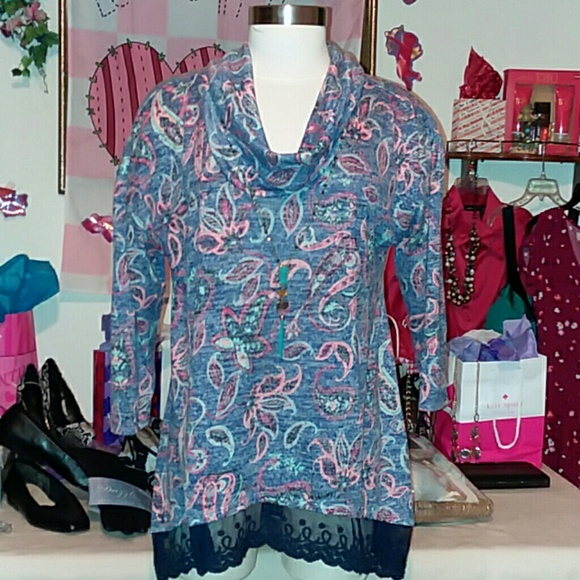 Absolutely Famous | Tops | Tunic Top Blue Cowl Neck Paisley Print ...